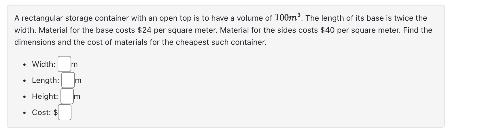 Solved A rectangular storage container with an open top is | Chegg.com