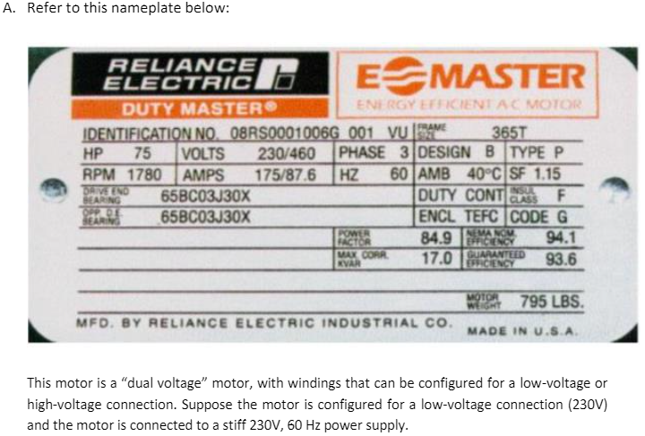Solved A. Refer to this nameplate below: EMASTER RELIANCE | Chegg.com