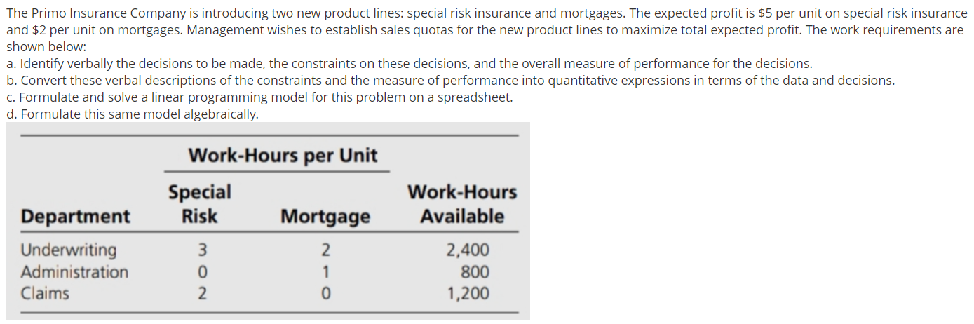 The Primo Insurance Company is introducing two new | Chegg.com