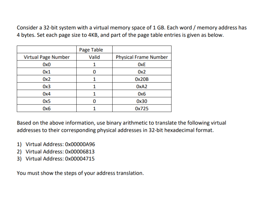 Solved Consider A 32 Bit System With A Virtual Memory Space 