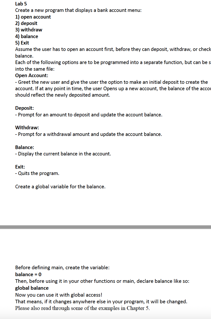 Solved Lab 5 Create a new program that displays a bank | Chegg.com
