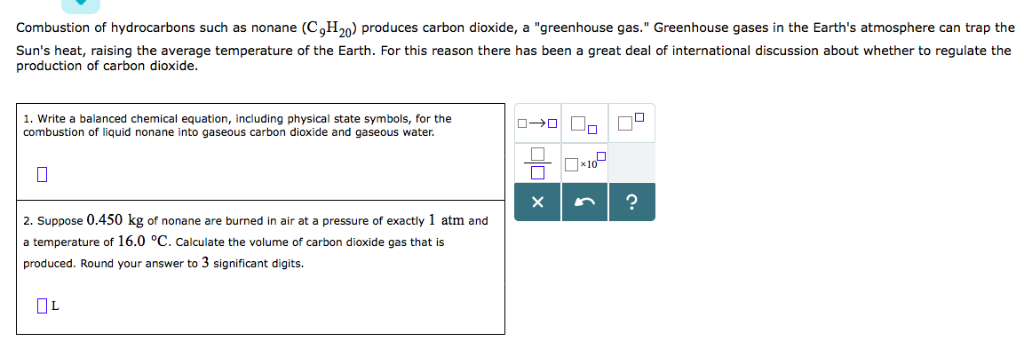 Combustion of hydrocarbons such as nonane (C9H20) | Chegg.com