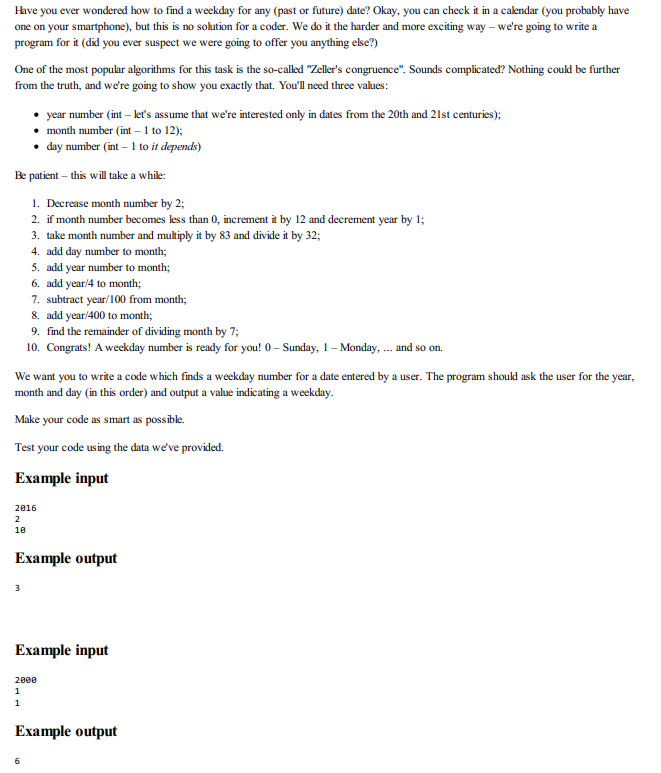 Solved Have you ever wondered how to find a weekday for any | Chegg.com