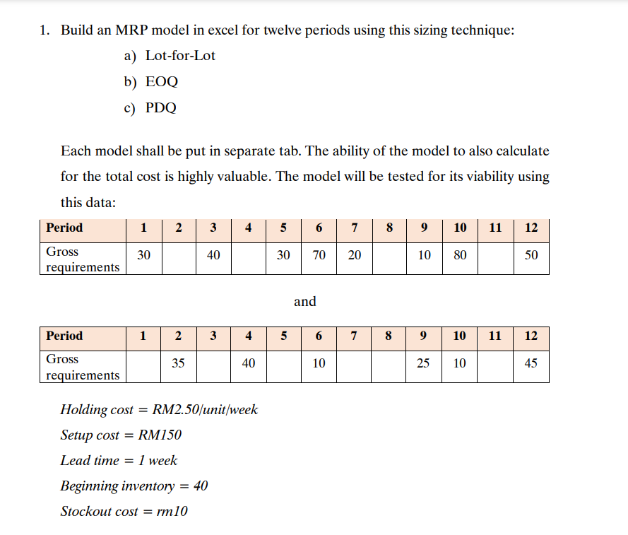 Solved 1. Build an MRP model in excel for twelve periods | Chegg.com