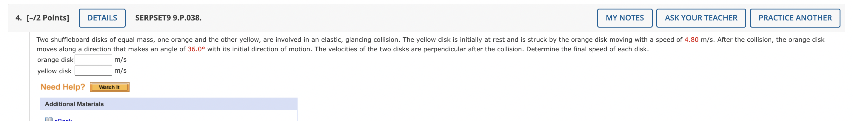 Solved orange disk m/s yellow disk m/s | Chegg.com