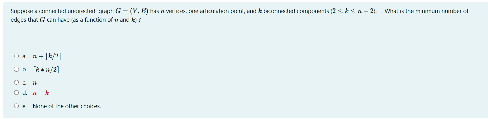 Solved Suppose a connected undirected graph G=(V,E) ﻿has n | Chegg.com