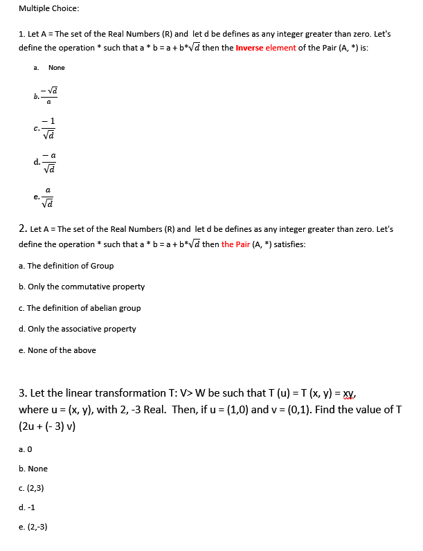 Solved Multiple Choice: 1. Let A = The set of the Real | Chegg.com