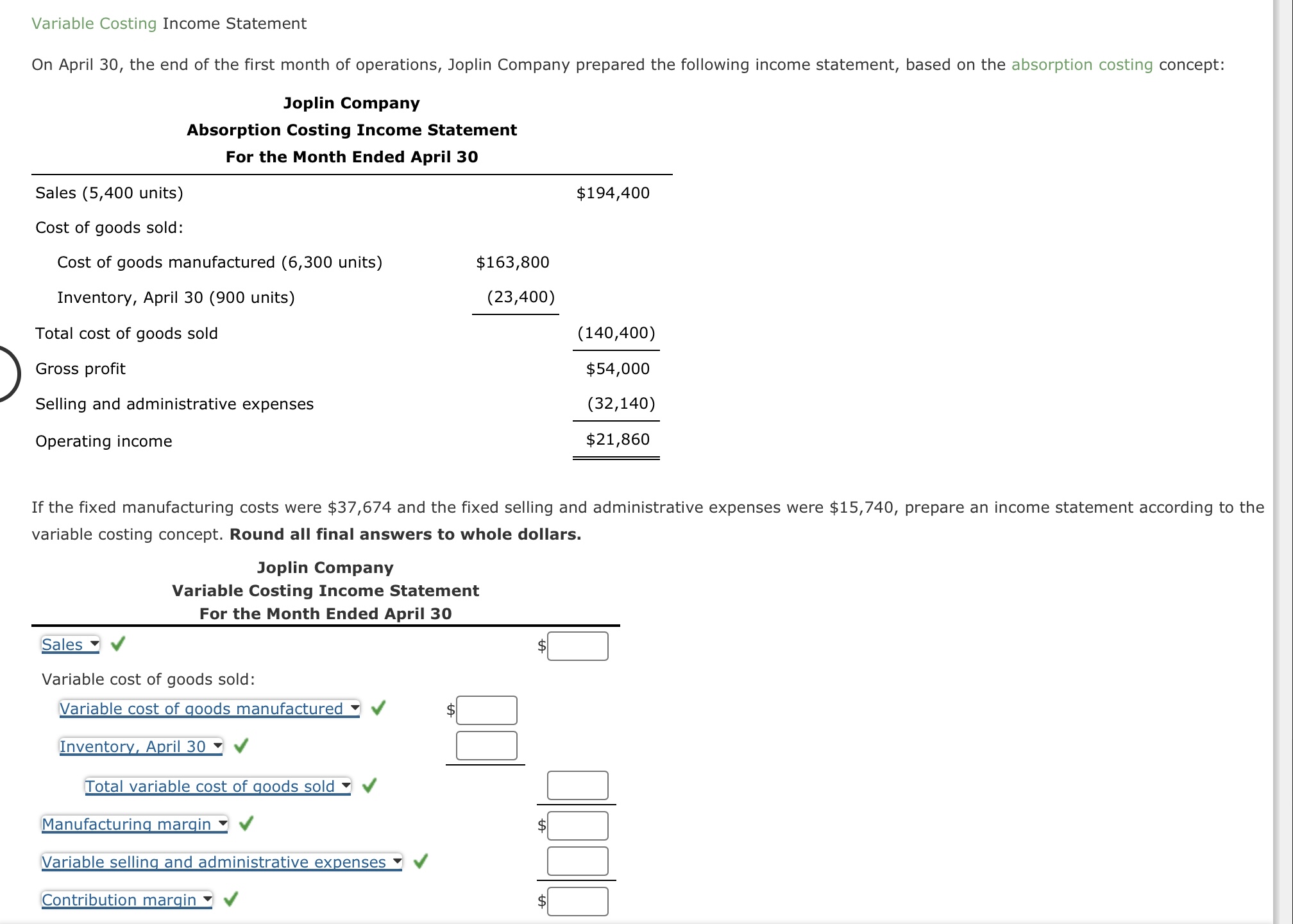 Solved Variable Costing Income Statement On April 30, the | Chegg.com