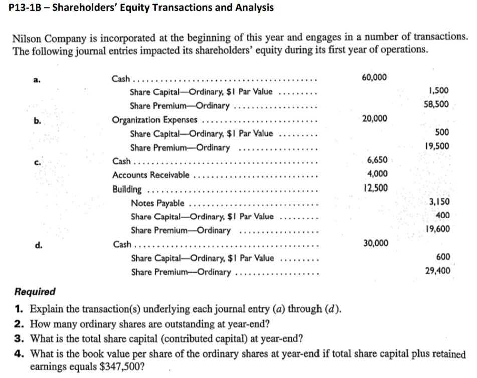 Solved P13-1B - Shareholders' Equity Transactions and | Chegg.com