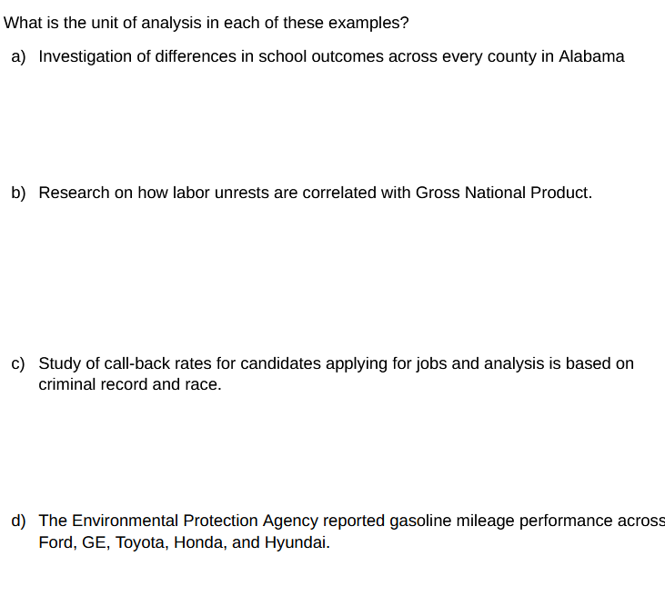 Solved What is the unit of analysis in each of these | Chegg.com