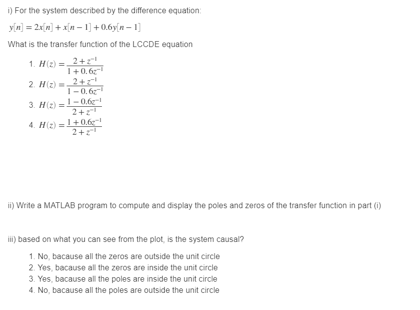 Solved i) For the system described by the difference | Chegg.com