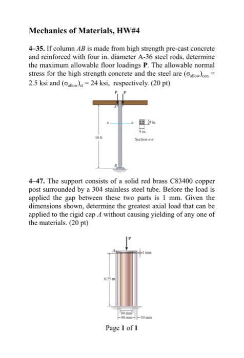 Solved Mechanics of Materials, Hw#4 4-35. If column AB is | Chegg.com