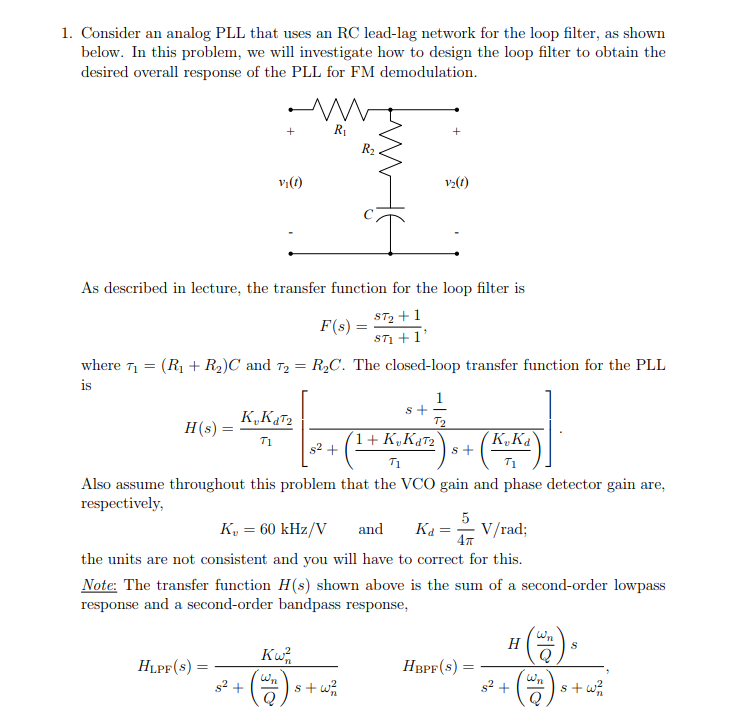 1. Consider an analog PLL that uses an RC lead-lag | Chegg.com