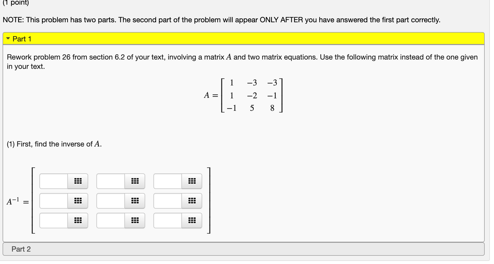 Solved (1 point) NOTE: This problem has two parts. The | Chegg.com