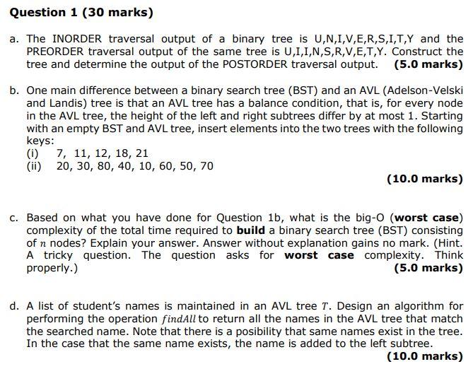 Solved Question 1 (30 marks) a. The INORDER traversal output | Chegg.com