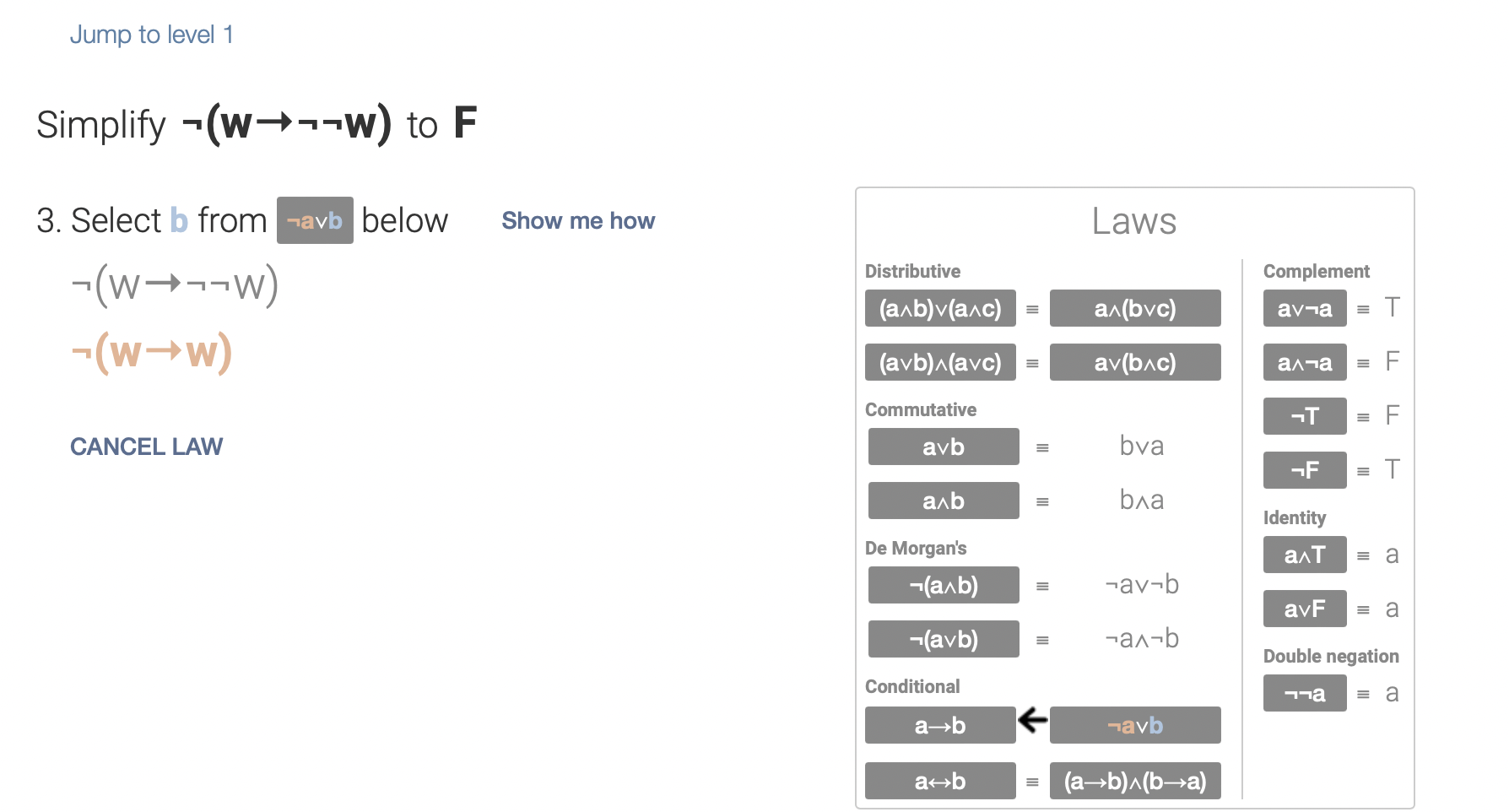 Solved Simplify ¬(w→¬¬w) to F 3. Select b from ┐ avb below | Chegg.com