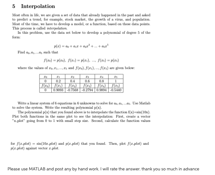 Solved 5 Interpolation Most often in life, we are given a | Chegg.com