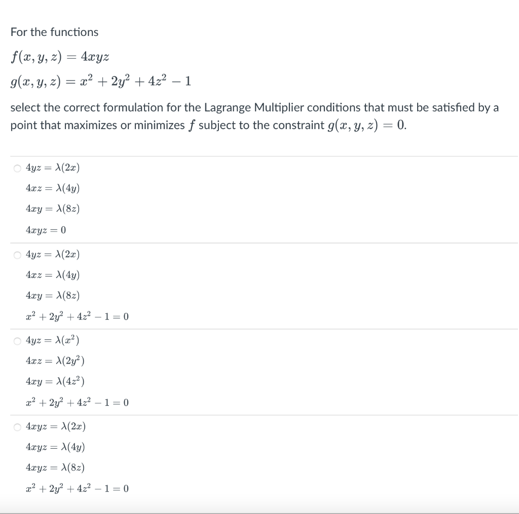 Solved For the functions f(x, y, z) = 4xyz g(x, y, z) = x² + | Chegg.com