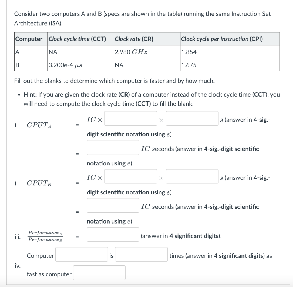 Solved Consider two computers A and B (specs are shown in | Chegg.com