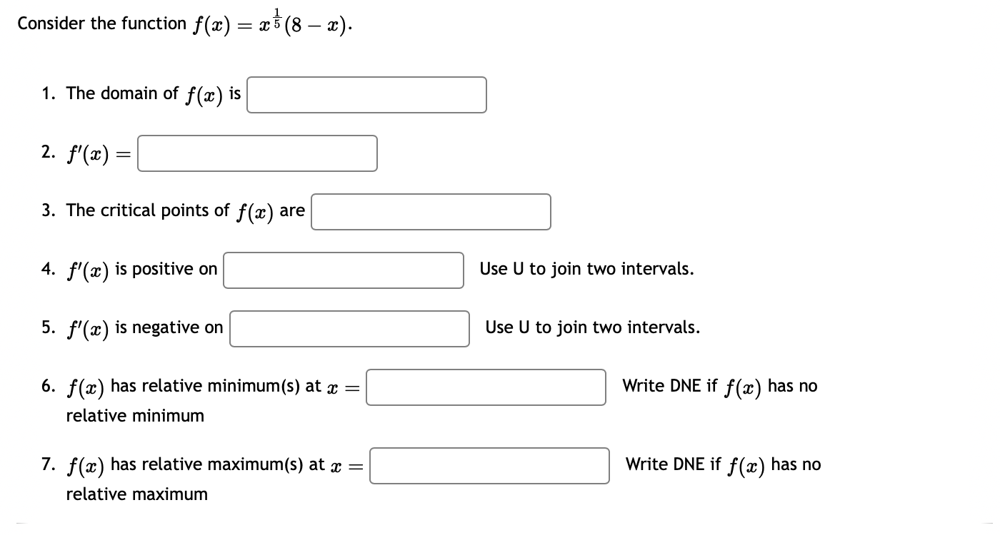 Solved Consider the function f(x)=x15(8-x)The domain of f(x) | Chegg.com