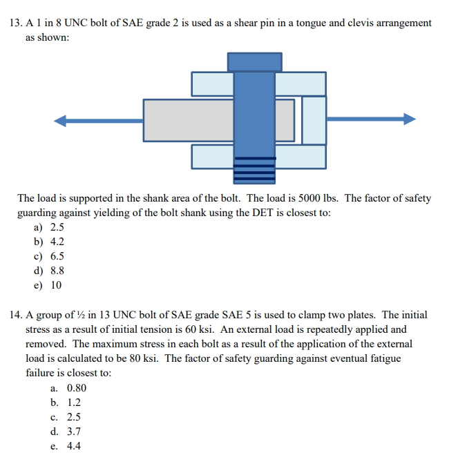 Solved 13. A 1 in 8 UNC bolt of SAE grade 2 is used as a | Chegg.com