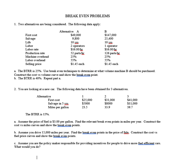 BREAK EVEN PROBLEMS 10 1. Two alternatives are being | Chegg.com