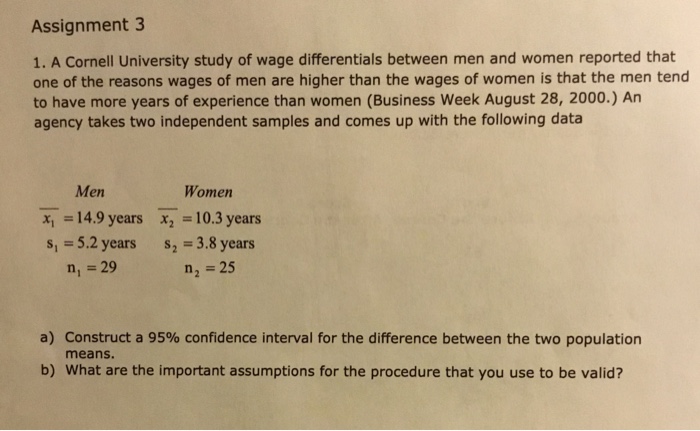 Solved Assignment 3 1. A Cornell University study of wage | Chegg.com