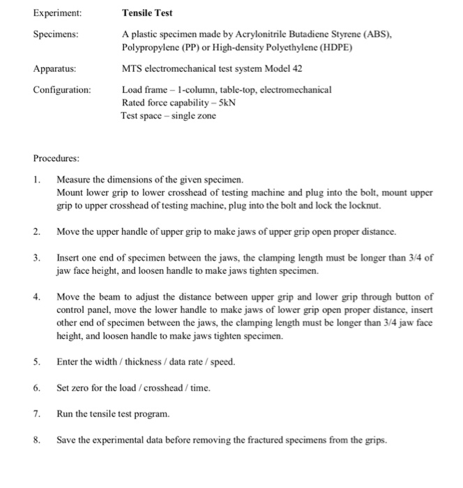 Solved Experiment: Tensile Test Specimens: A plastic | Chegg.com