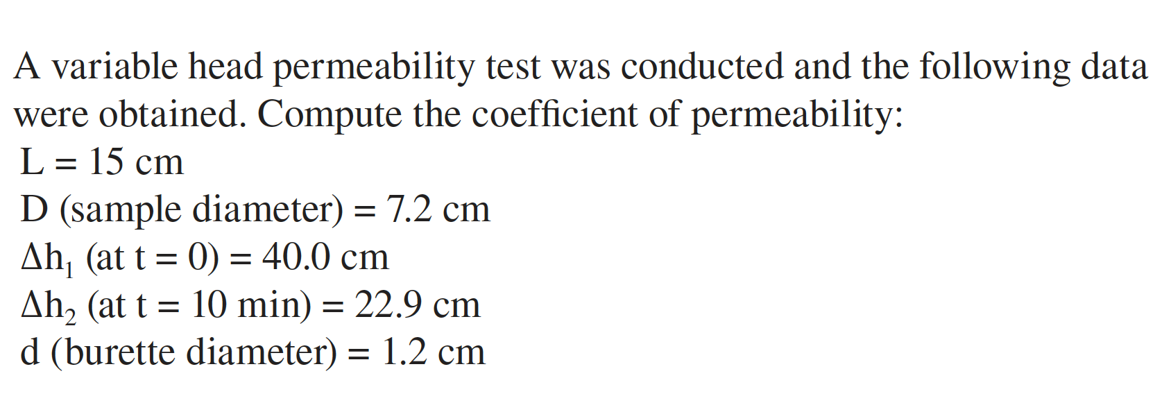 Solved A variable head permeability test was conducted and | Chegg.com