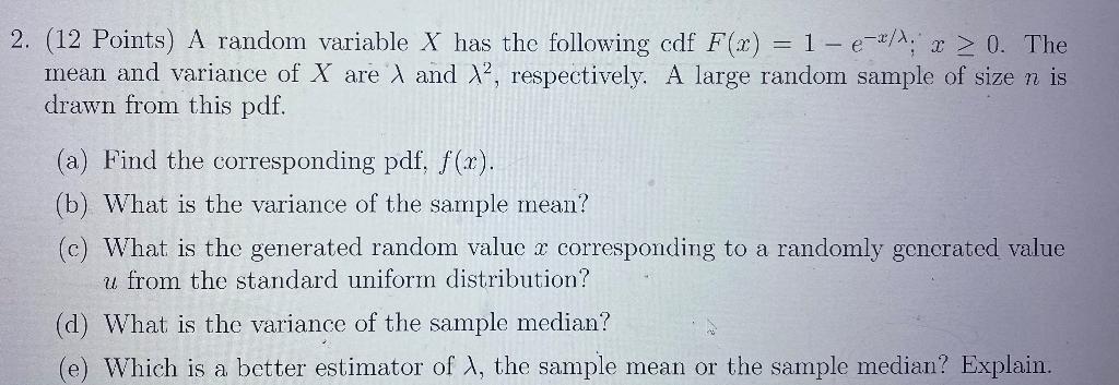 Solved 2. (12 Points) A random variable X has the following | Chegg.com
