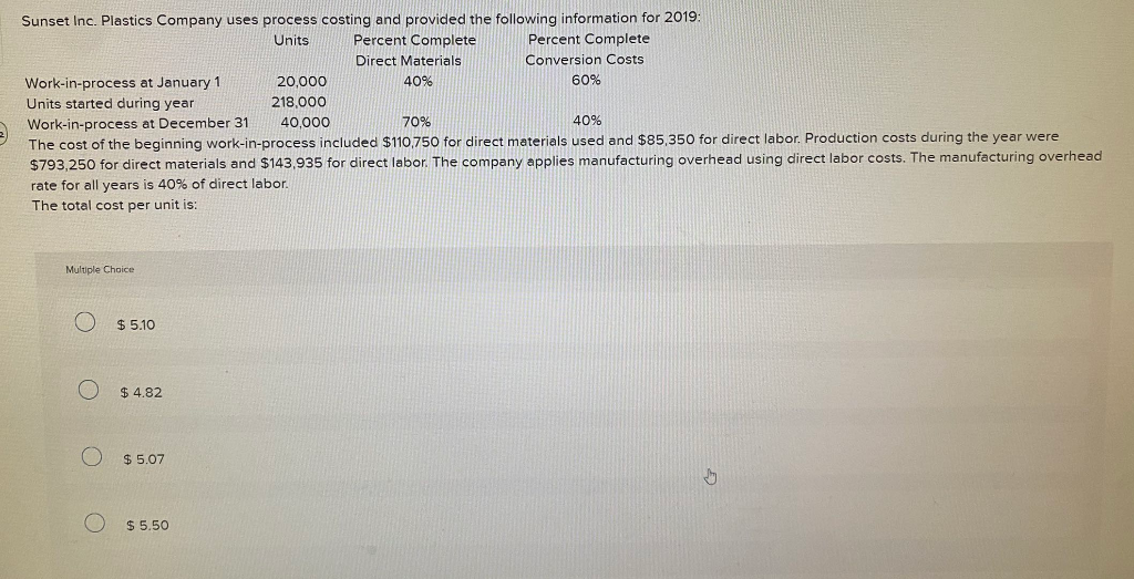 Solved Sunset Inc. Plastics Company uses process costing and | Chegg.com
