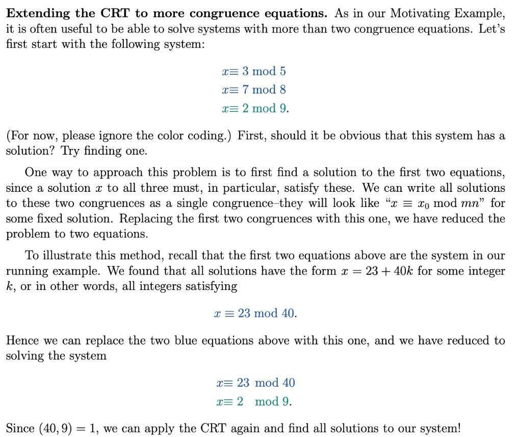 Solved Extending the CRT to more congruence equations. As in | Chegg.com