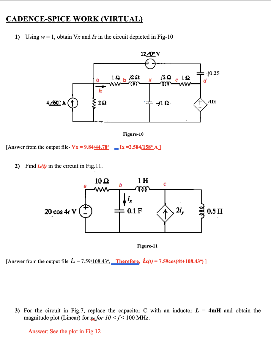 Solved CADENCE-SPICE WORK (VIRTUAL) 1) Using w= 1, obtain Vx | Chegg.com