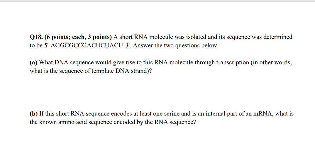 Solved Q18 6 Points Each 3 Points A Short Rna Molecule 