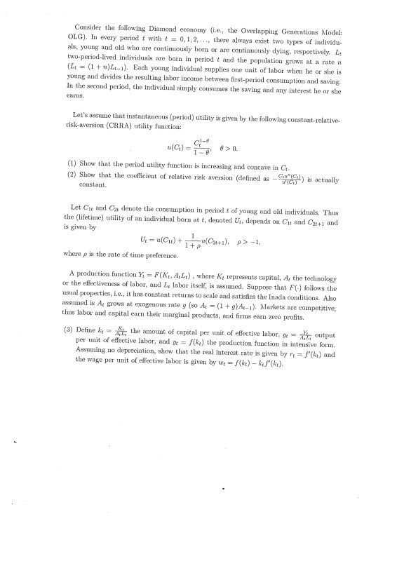 Solved Consider the following Diamond economy (i.e., the | Chegg.com