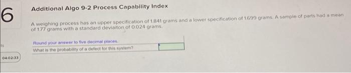 Solved Additional Algo 9-2 Process Capability Index 6 A | Chegg.com