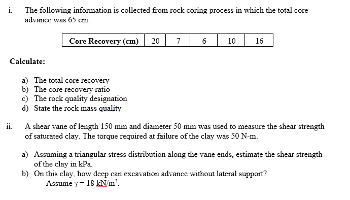 Solved i. The following information is collected from rock | Chegg.com