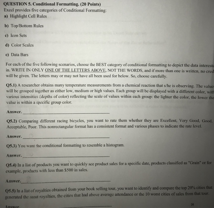 Solved QUESTION 5. Conditional Formatting. (20 Points) Excel | Chegg.com