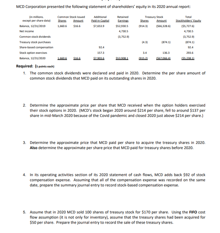 Solved MCD Corporation presented the following statement of | Chegg.com