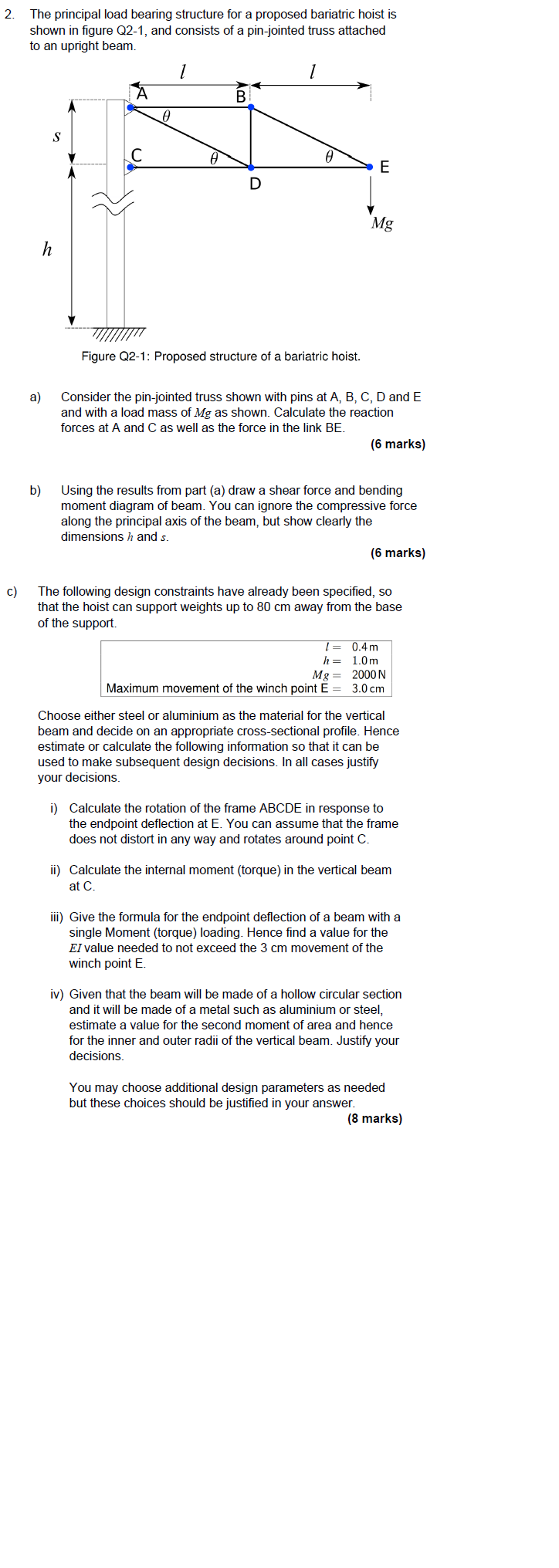 Solved 2. The principal load bearing structure for a | Chegg.com