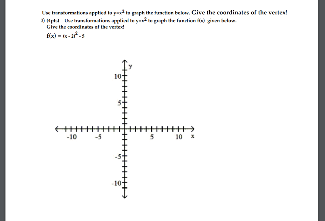 Solved Use transformations applied to y=x2 to graph the | Chegg.com