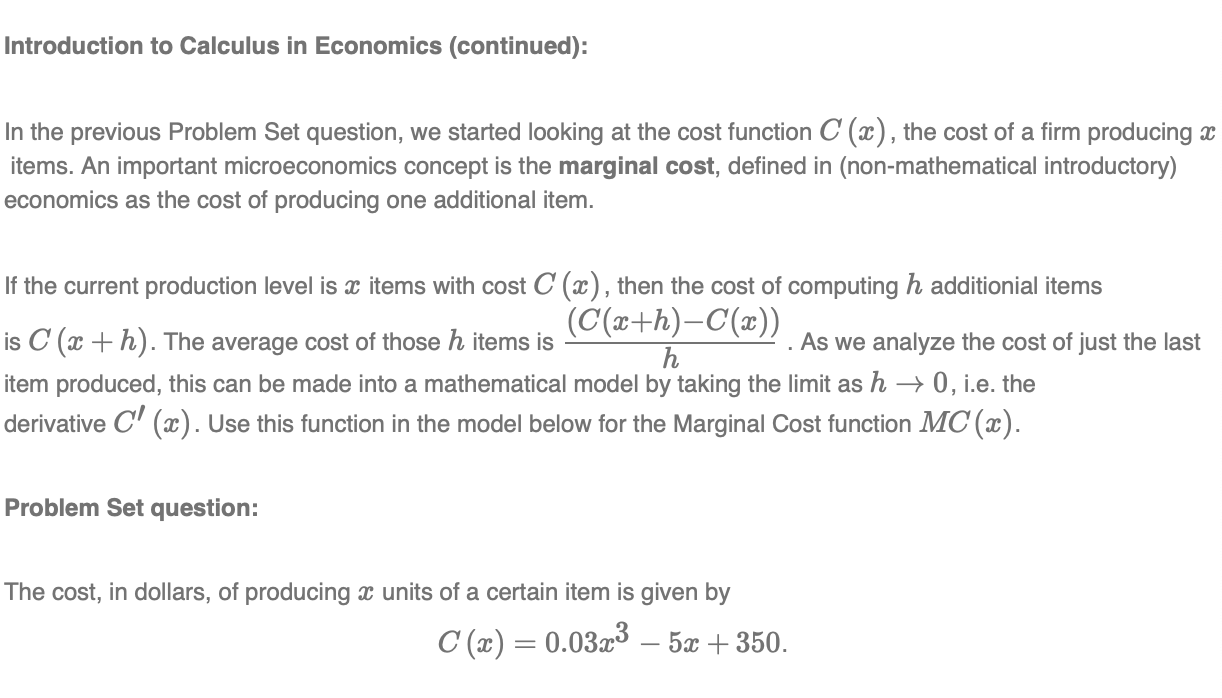 Solved Introduction to Calculus in Economics (continued): In | Chegg.com