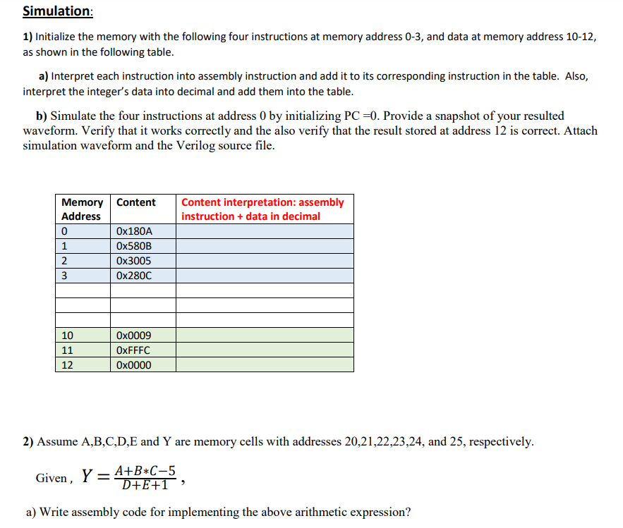 Solved Simulation: 1) Initialize the memory with the | Chegg.com