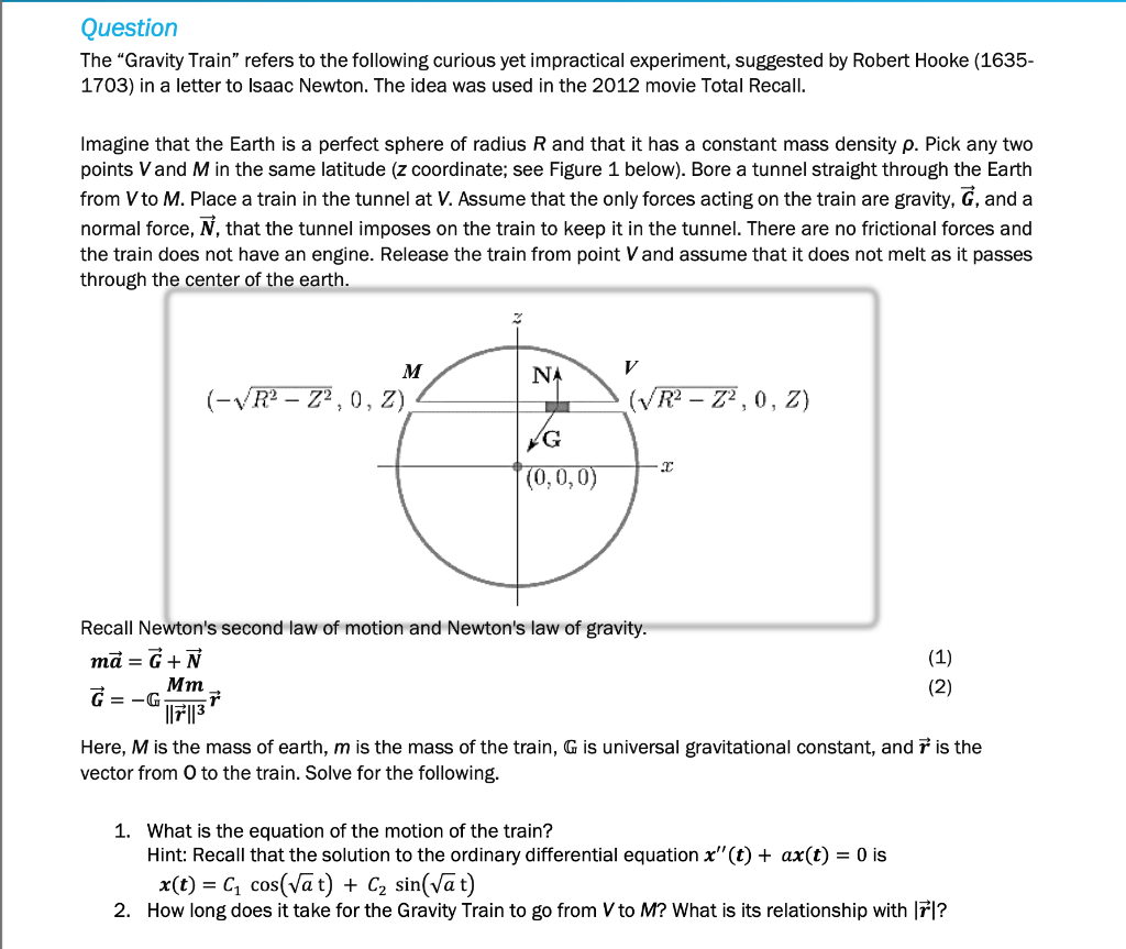 Solved Question The "Gravity Train" refers to the following | Chegg.com