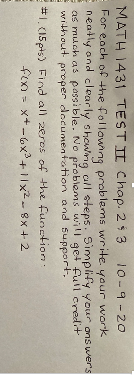 Solved MATH 1431 TEST I Chap. 243 10-9-20 For each of the | Chegg.com