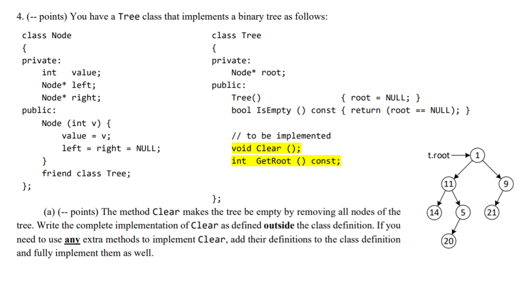 Solved 4. (-- points) You have a Tree class that implements | Chegg.com