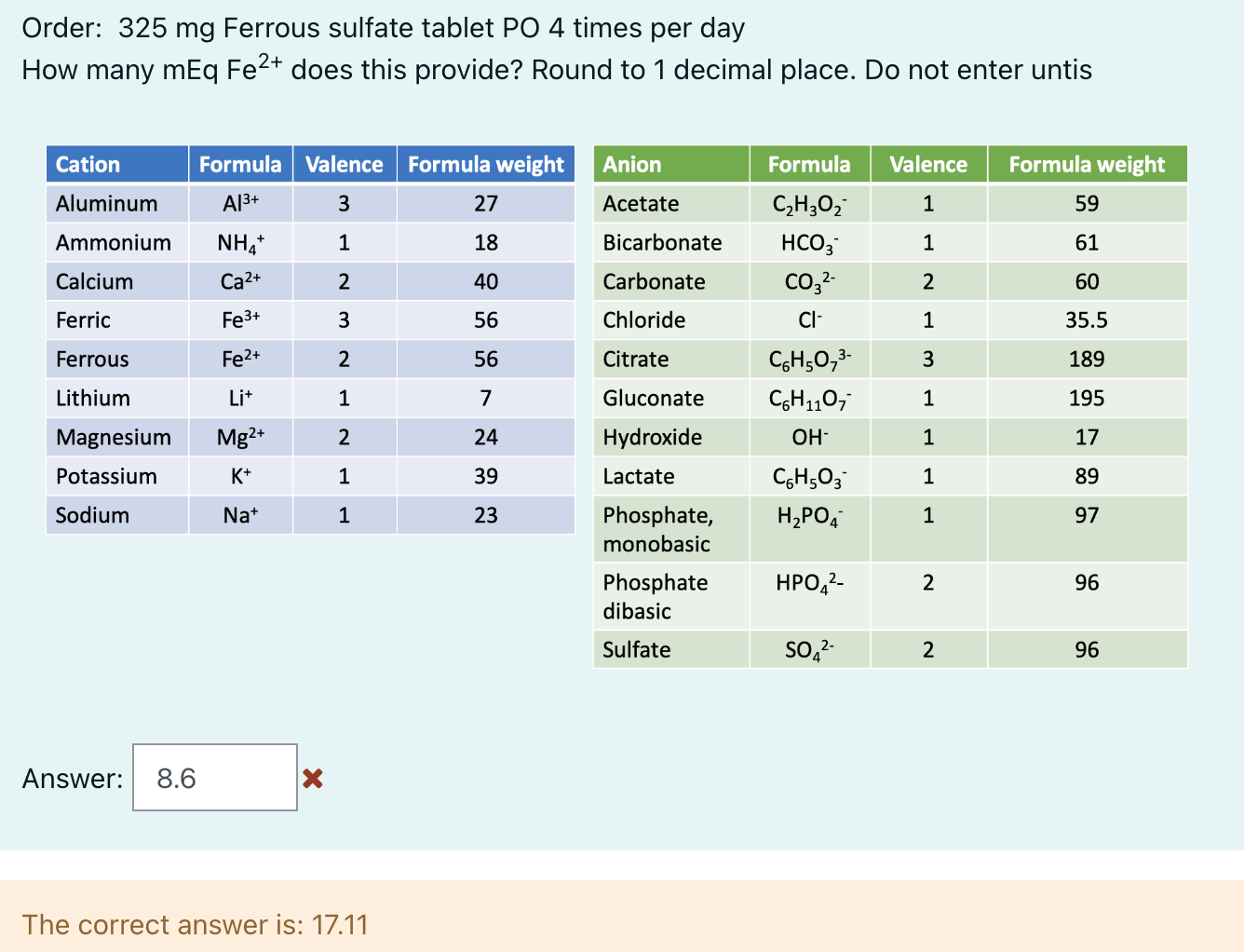 Solved Order 325 Mg Ferrous Sulfate Tablet PO 4 Times Per Chegg