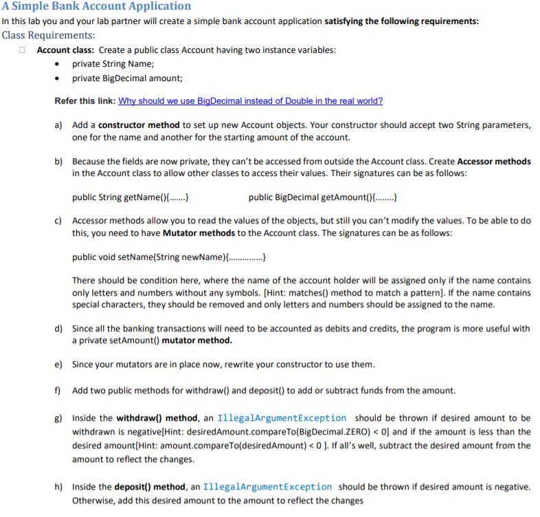 Solved A Simple Bank Account Application In this lab you and | Chegg.com