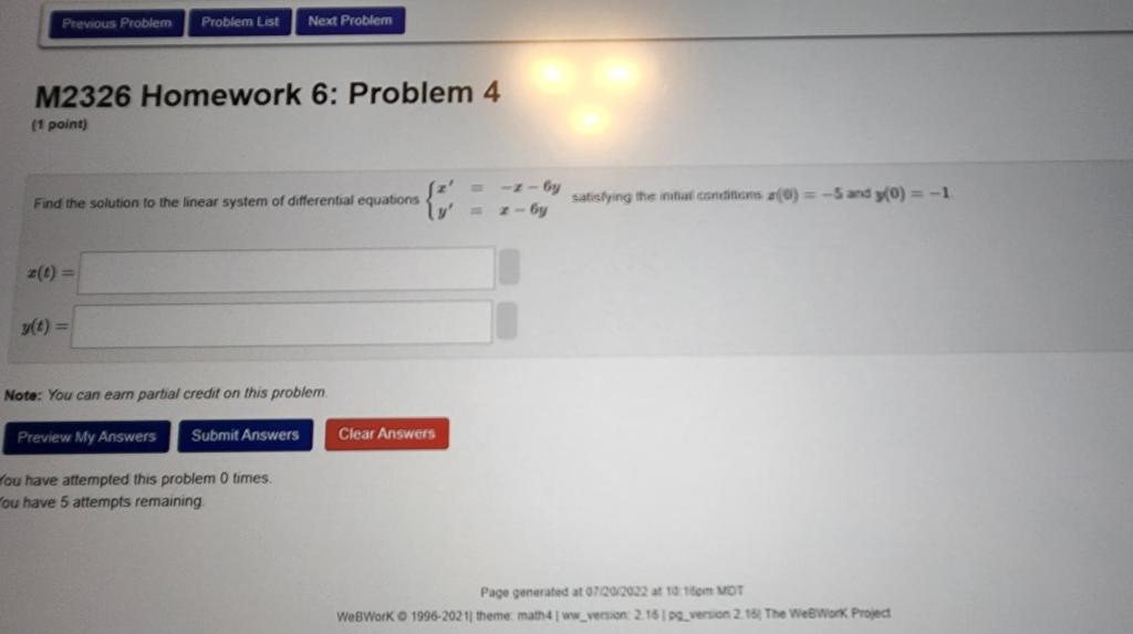 Solved M2326 Homework 6: Problem 4 (1 point) x(t)= y(t)= | Chegg.com