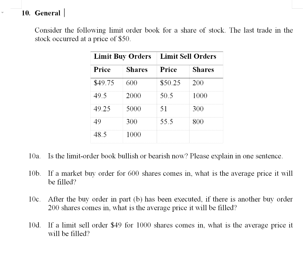 Solved 10. General Consider the following limit order book | Chegg.com